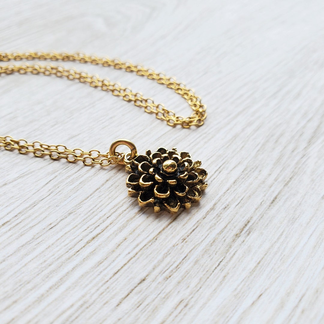 Antique Gold Chrysanthemum Mum Flower Charm Necklace, Floral Botanical ...