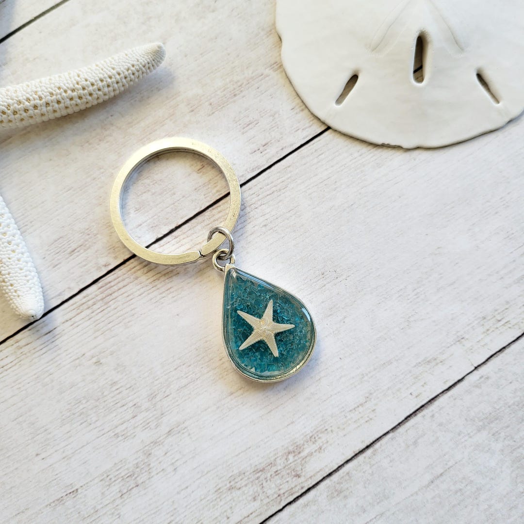 Blue Gemstone Keychain With Real Starfish or Sand Dollar - Ocean Key ...
