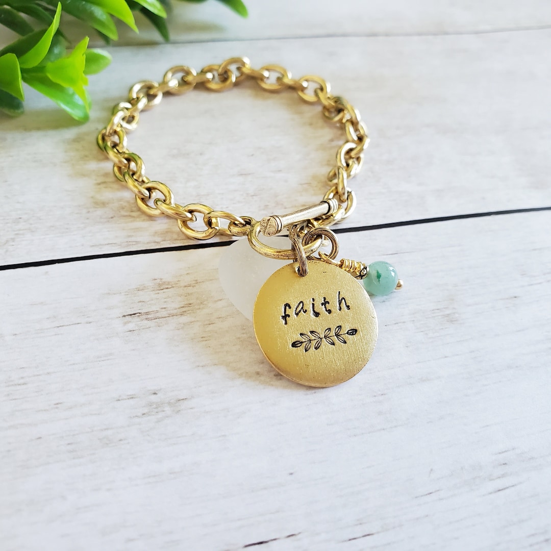 Faith Gold Bracelet With Custom Gemstone Charm, Hand Stamped Christian ...