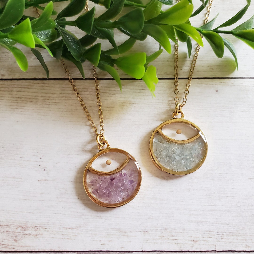 Gold Mustard Seed Necklace, Amethyst or Aquamarine Crushed Gemstone ...