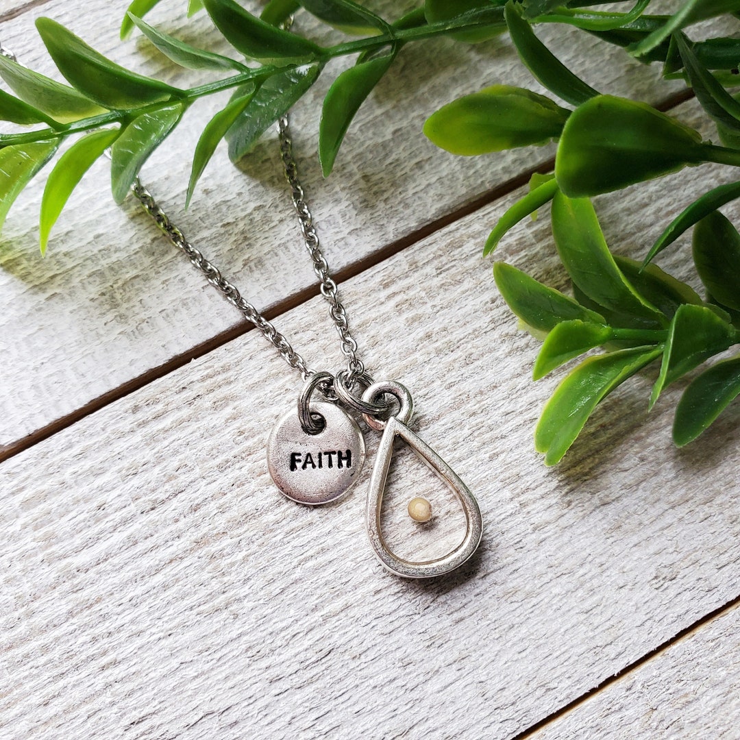 Silver Teardrop Mustard Seed Necklace With Hand Stamped Faith Charm ...