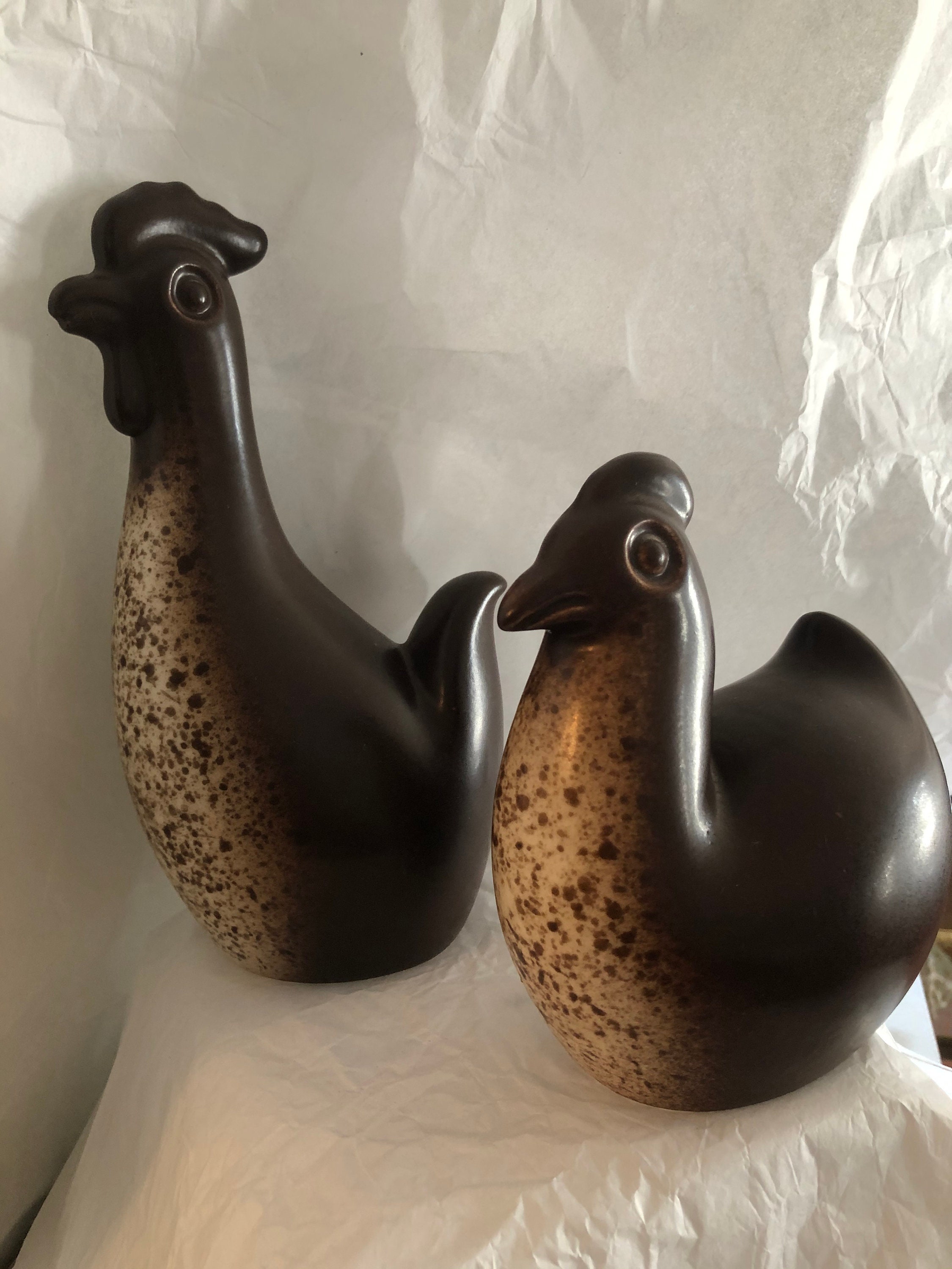 Howard Pierce Porcelain Hen & Rooster Brown and Speckled Ivory | Etsy
