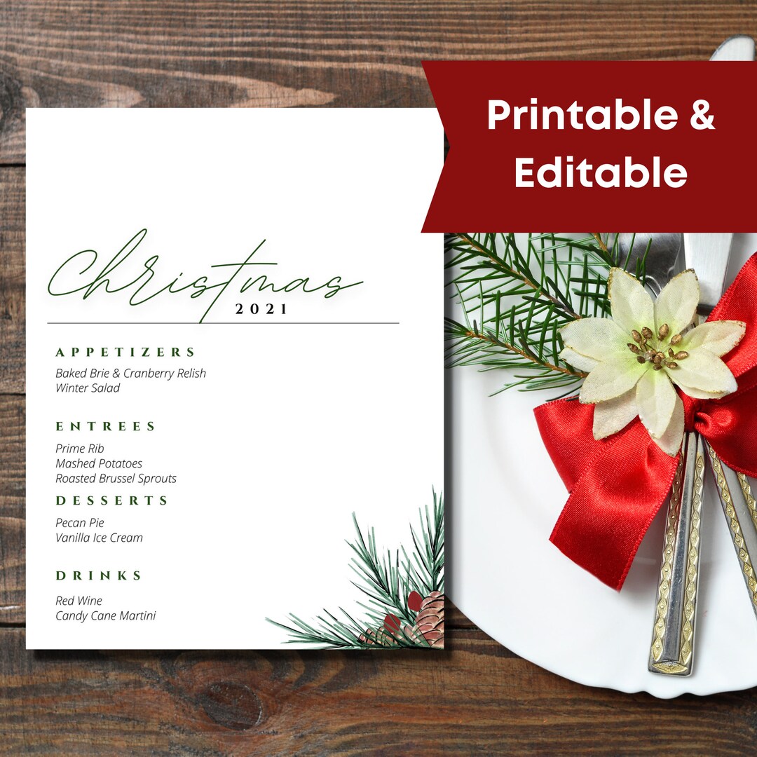 Christmas Menu Card Template Printable Holiday Dinner Menu - Etsy