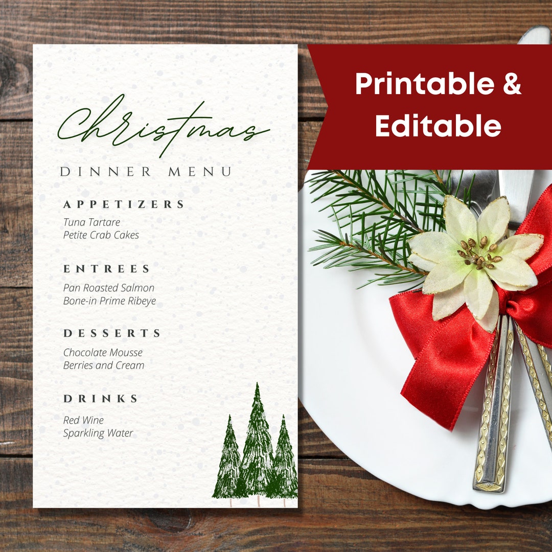 Christmas Menu Card Template Printable Holiday Dinner Menu - Etsy