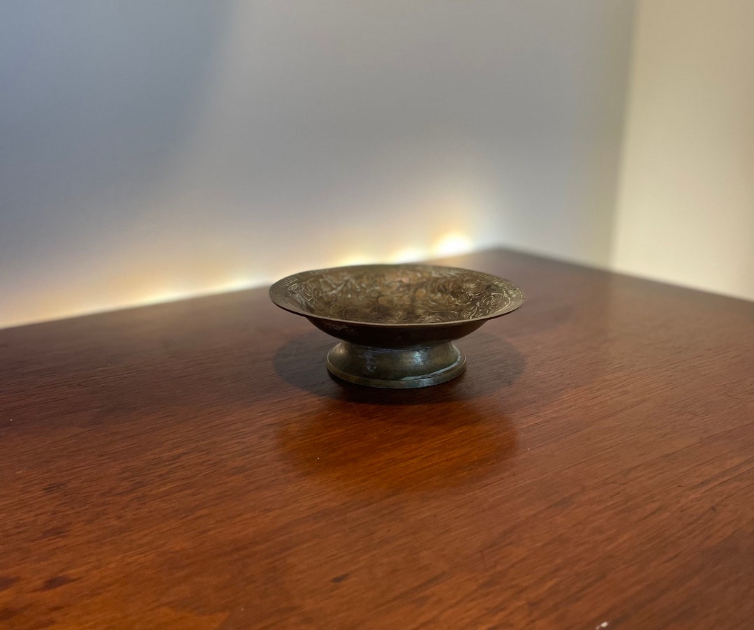 Vintage Engraved Shallow Brass Bowl With Floral Decor - Etsy
