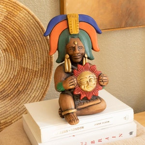 Aztec Inca Mayan Sun Gold Mexican Ceramic Pottery Folk Art Statue/shelf ...