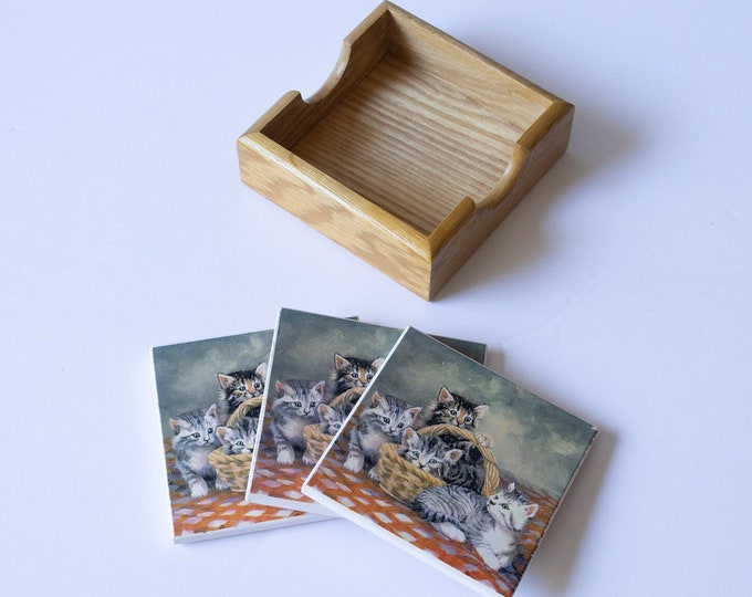 Vintage Cat Coaster Set in Wooden Holder - Etsy