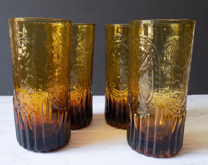 Embossed Amber Glass - Amber Tumblers - Fleur De Lis - Set of 4 - 20 Oz ...