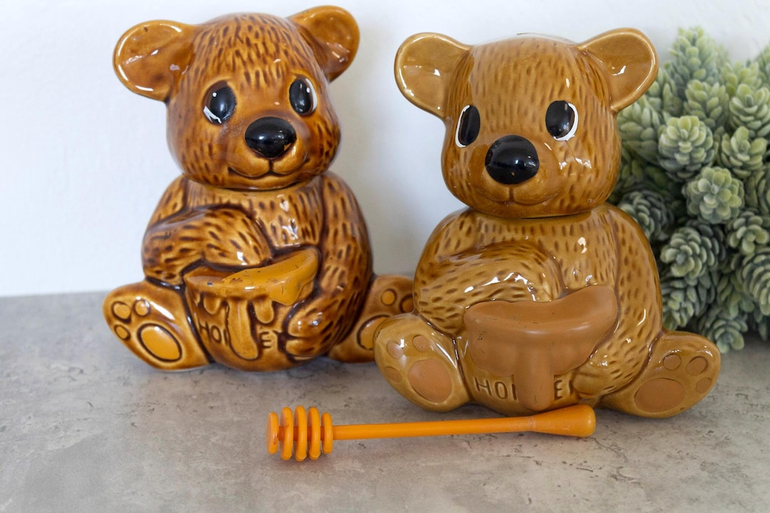 Pair of Two Bear Honey Pots, Ceramic, Dipper Vessels, Brown Bears ...