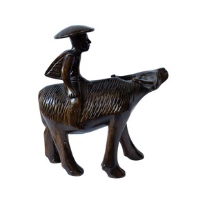 Man Riding Water Buffalo Asian Wood Hand Carved Figurine Statue Bull ...