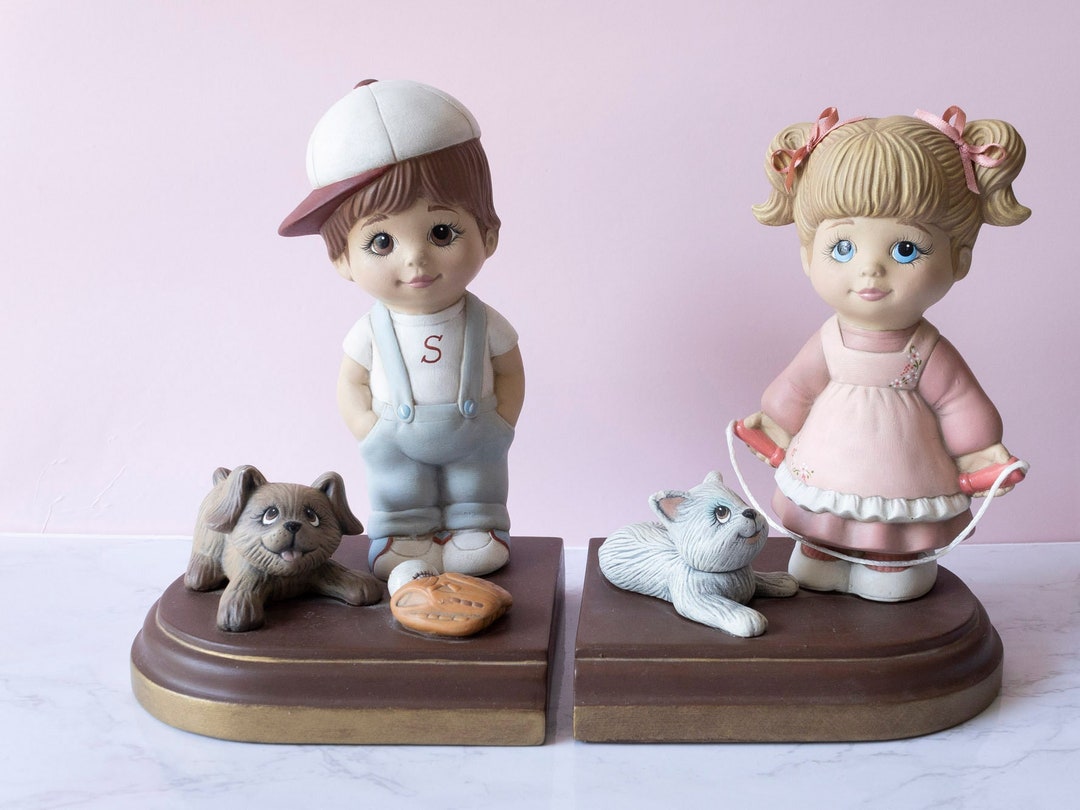 Vintage Little Boy and Girl Bookends With Wooden Base - Etsy