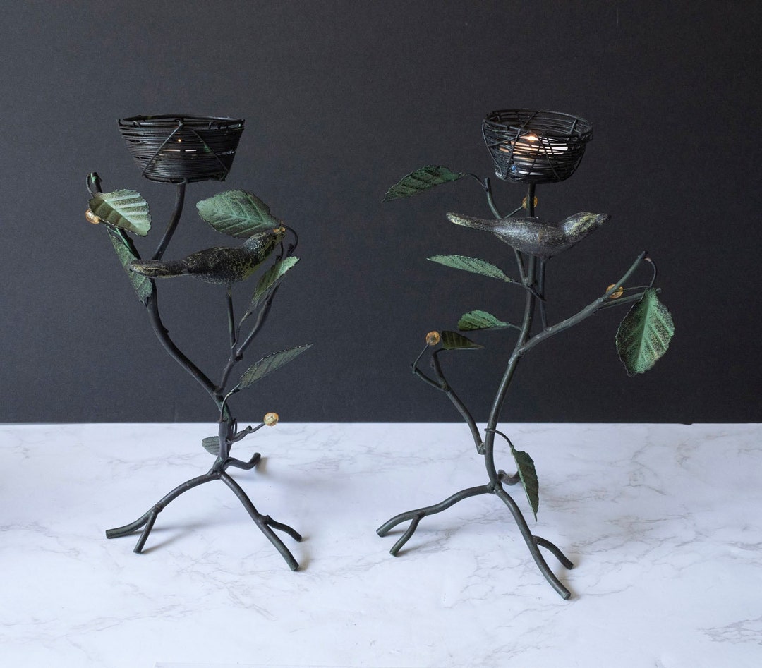 Pair of Wrought Iron Tree Branch/twig, Leaf & Bird Tea-light ...