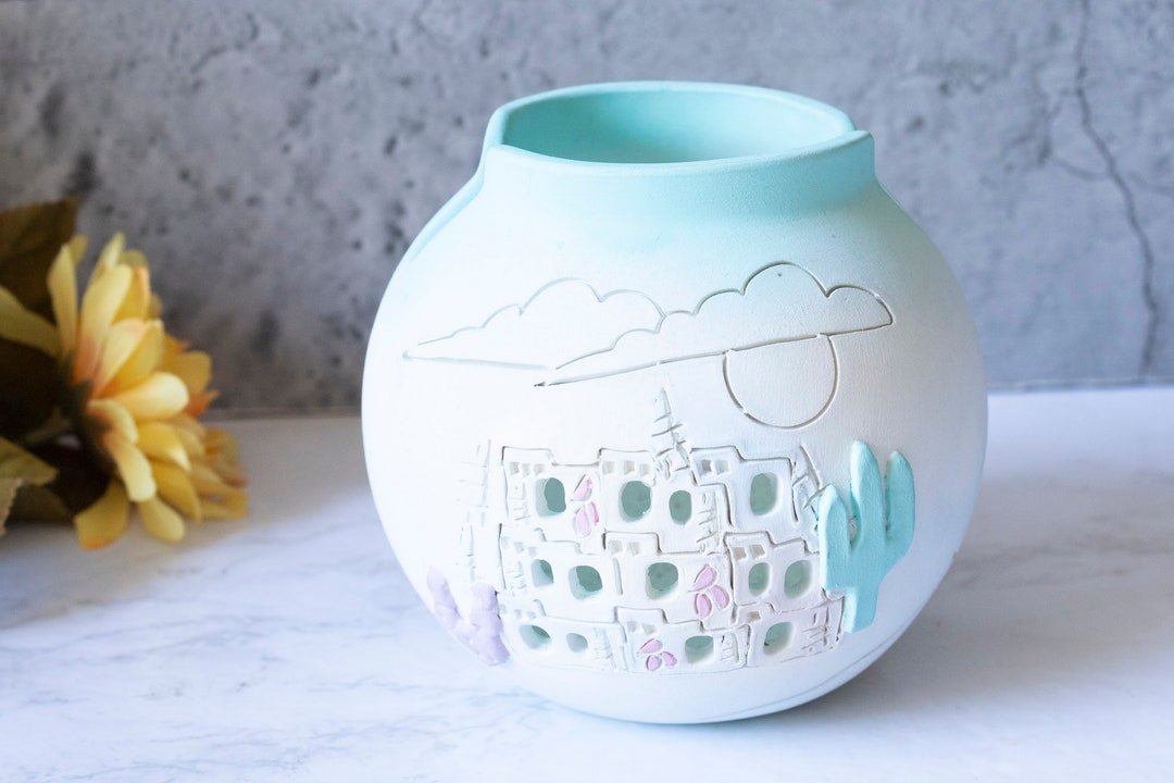 Vintage Light Blue/pastel South Western Style Hand Cast Pottery Vase or ...