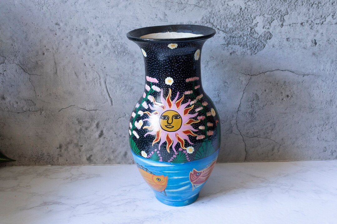 Mexican Folk Art Vase Colorful Mexican Pottery Vase Vintage Clay ...