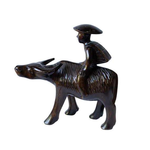 Man Riding Water Buffalo Asian Wood Hand Carved Figurine | Etsy