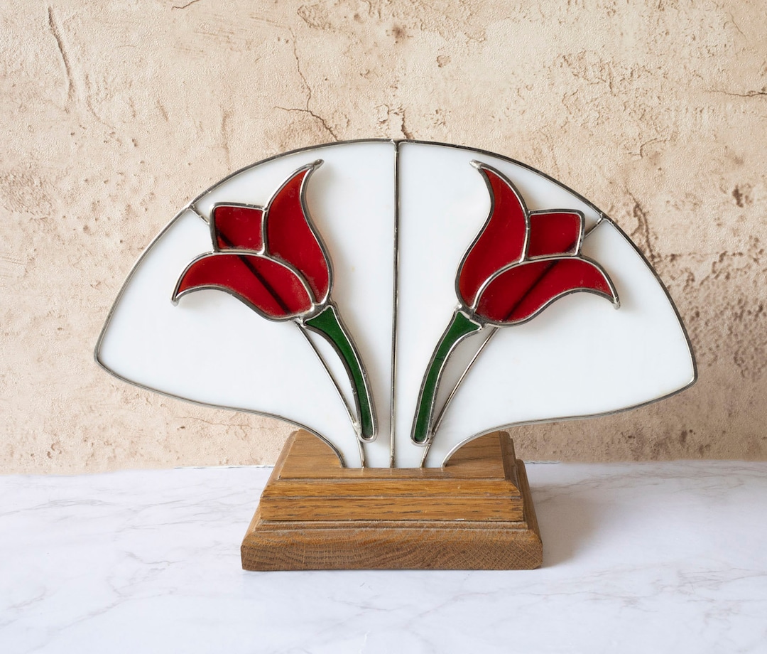 Vintage Art Deco Stained Glass Fan on Wood Base Featuring Tulips - Etsy
