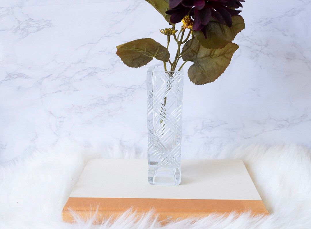 Vintage Avon by Fostoria Clear Tall Square Bud Vase With Criss Cross ...