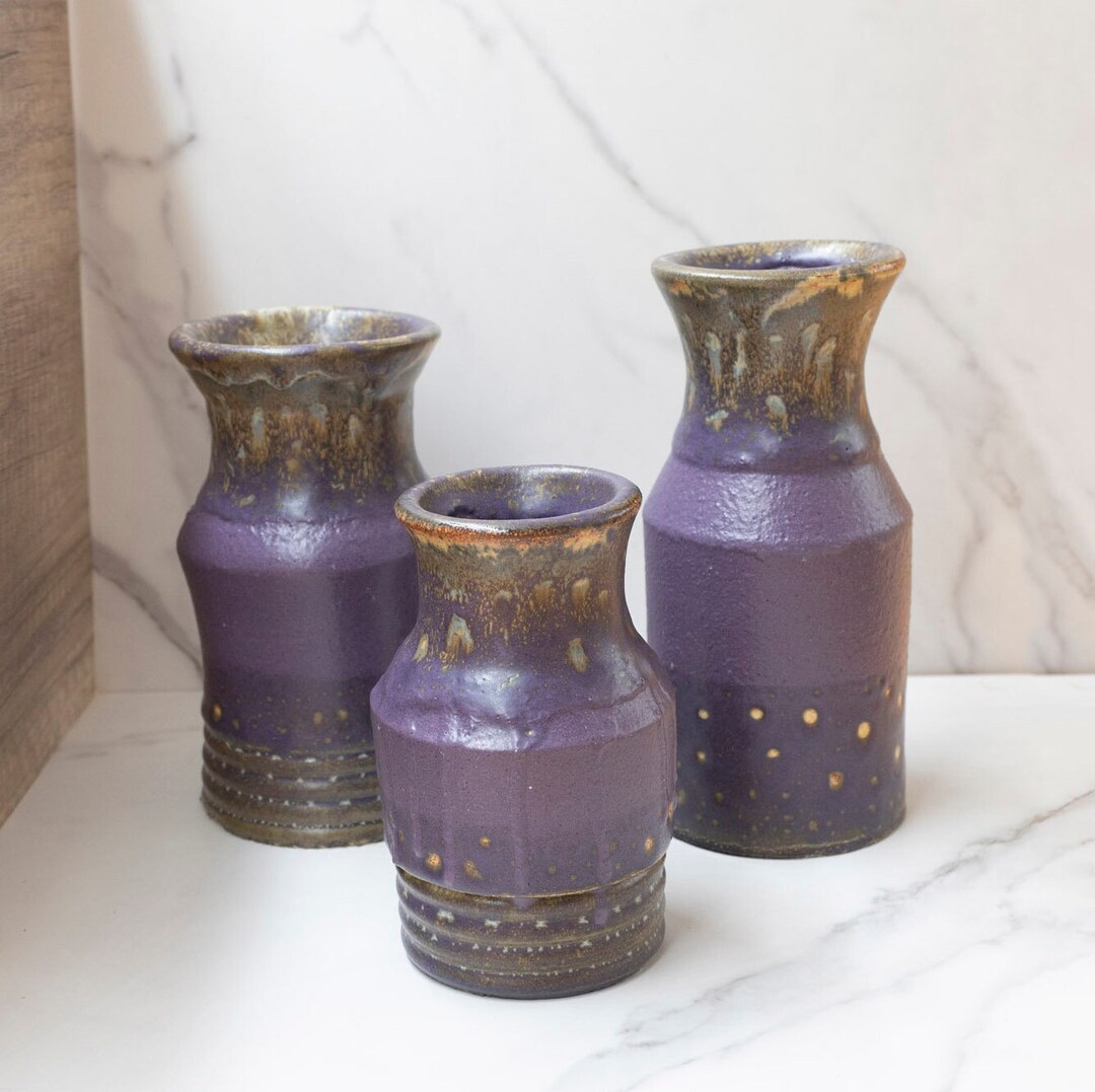 Large Trio of Heavy Stoneware Studio Pottery Artisan Vases, Drip Glaze ...