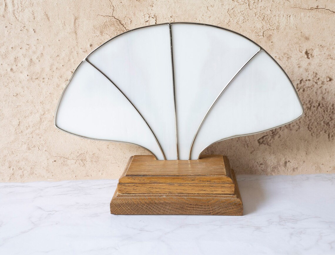 Vintage Art Deco Stained Glass Fan on Wood Base Featuring - Etsy