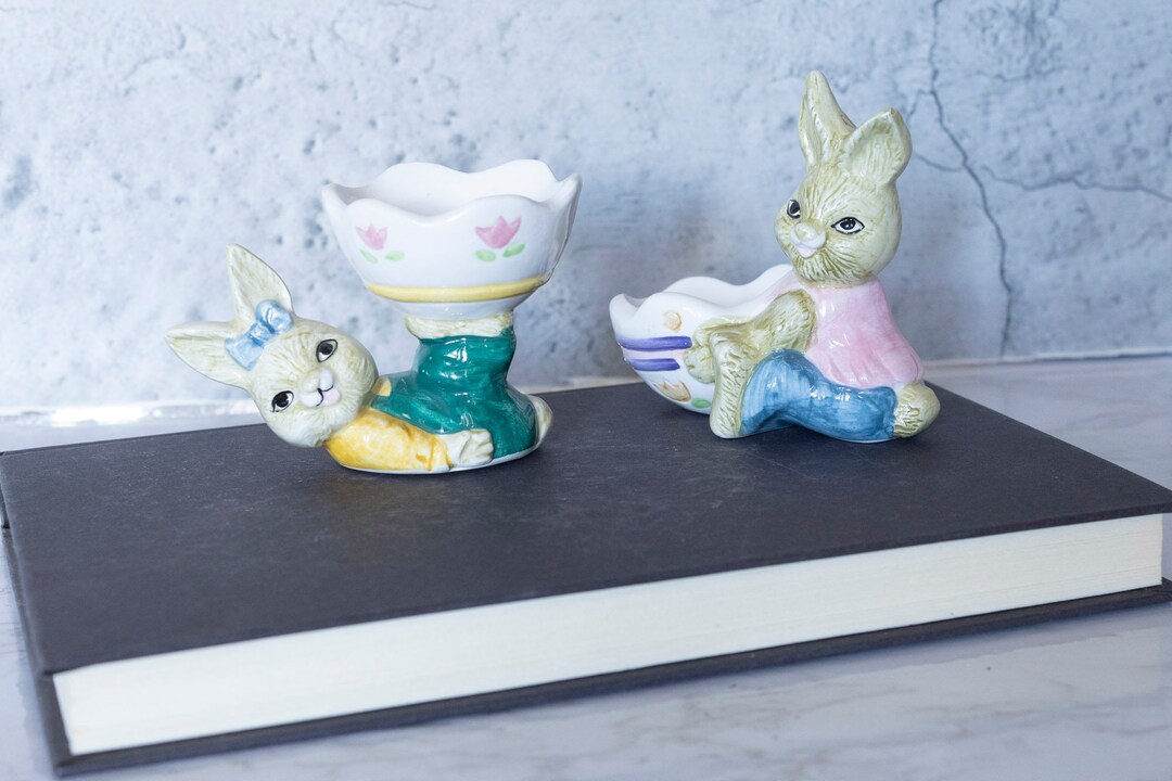 Kung Shin Co Ceramic Painted Rabbits Egg Holders Vintage Bunny Rabbit ...