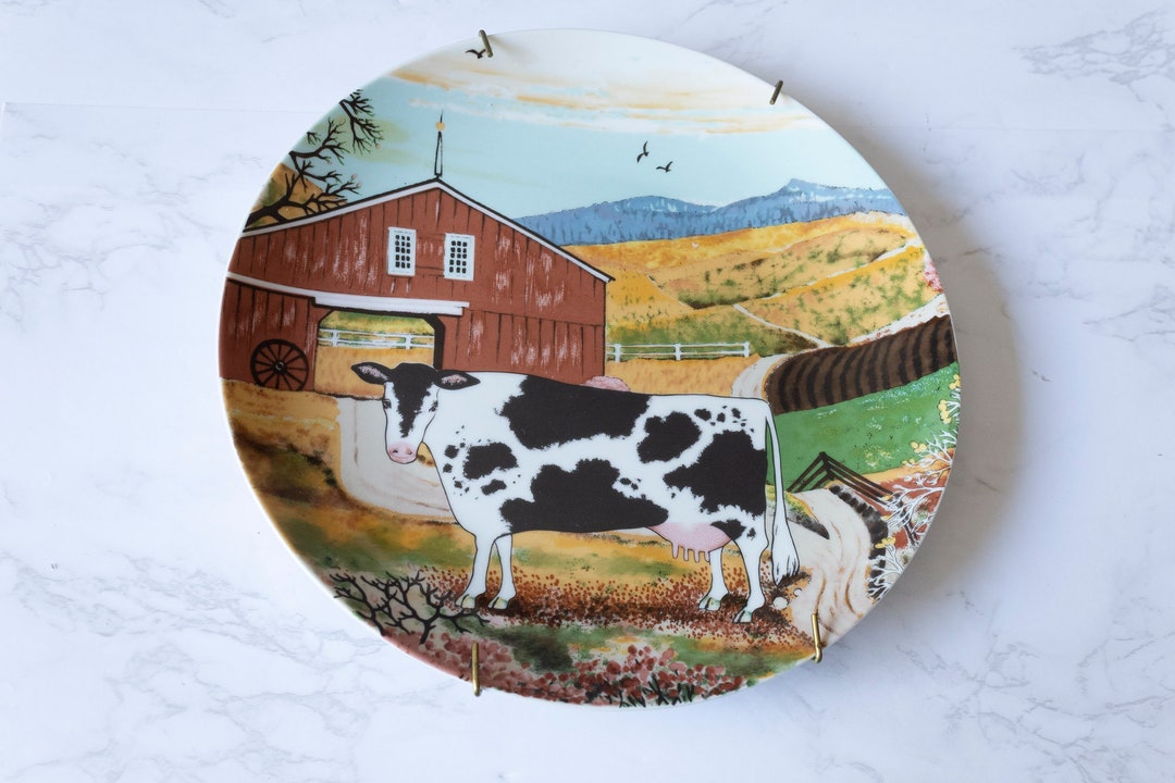 Vintage Porcelain Plate Artmark Ceramic Farm Scene Cows Decorative ...
