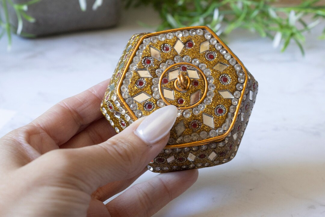 Vintage Octagonal Jewelry Pill Trinket Box With Rhinestones - Etsy