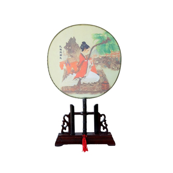 Vintage Chinese Paddle Fan with Wooden Stand, Decorat… - Gem