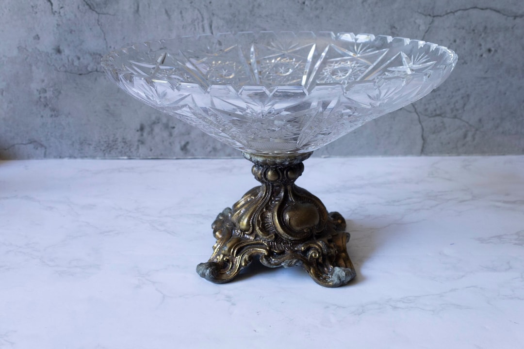 Vintage Crystal Cut Compote Bowl W/ Brass Pedestal Candy Dish / Rococo ...