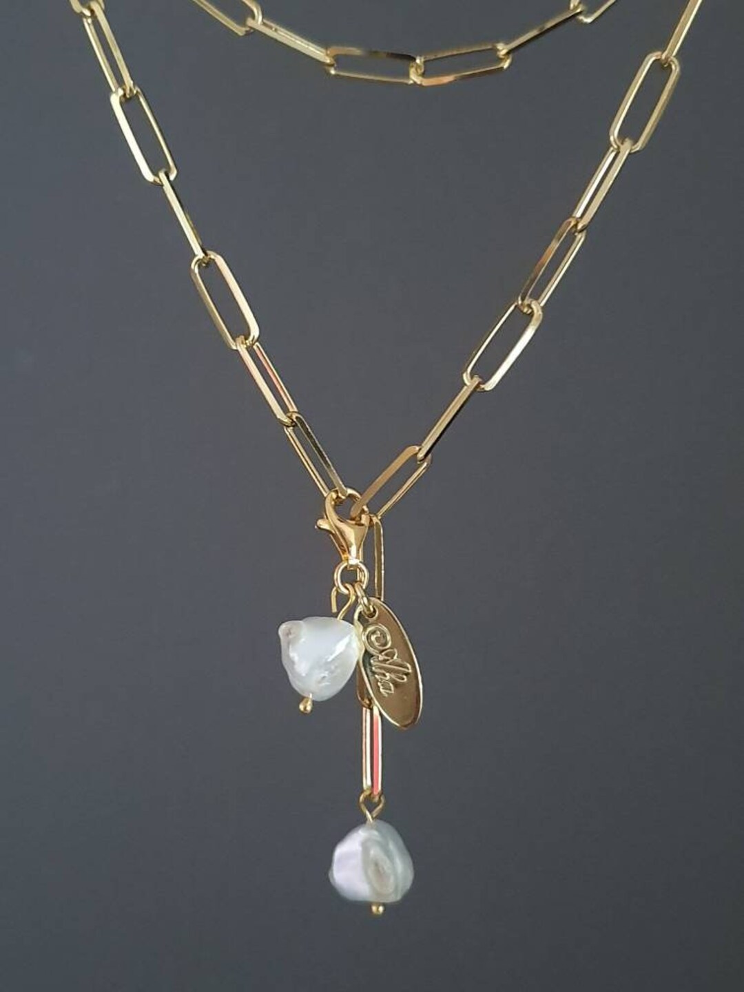 Wide Link Chain Gold With Pearls, Pendant, Y Chain - Etsy