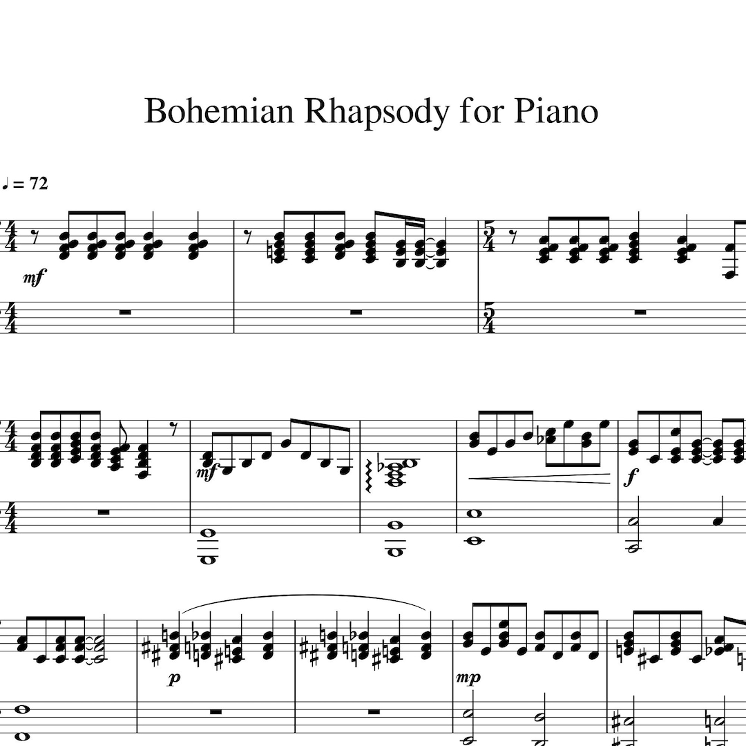 Bohemian Rhapsody, Queen, Piano Solo Sheet Music, Digital Score ...