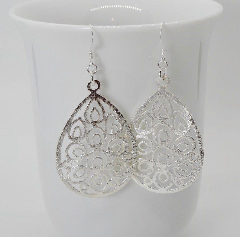 Lightweight Big Teardrop and Fancy Swirls Brushed Silver Drop - Etsy