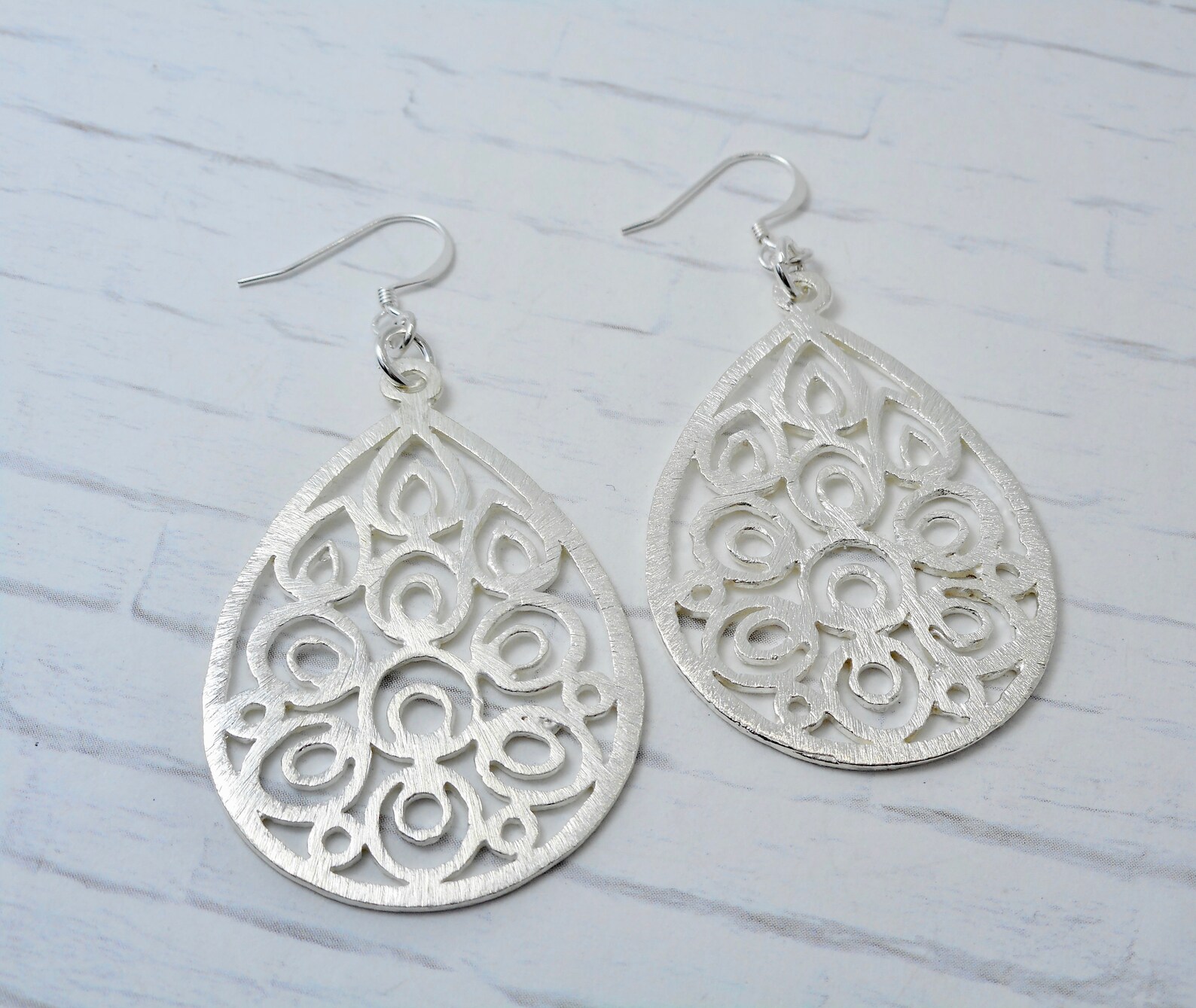 Lightweight Big Teardrop and Fancy Swirls Brushed Silver Drop - Etsy