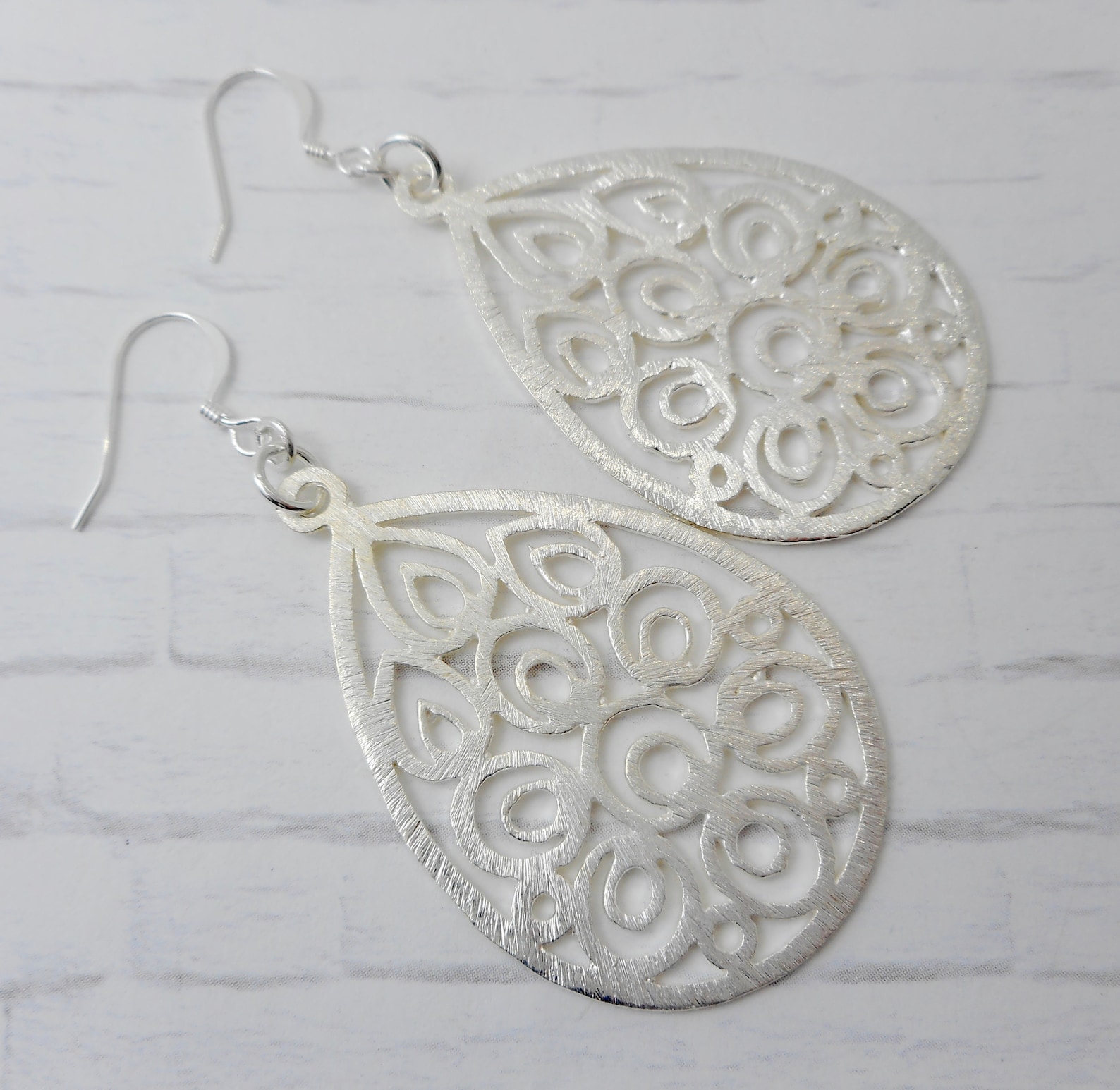 Lightweight Big Teardrop and Fancy Swirls Brushed Silver Drop - Etsy