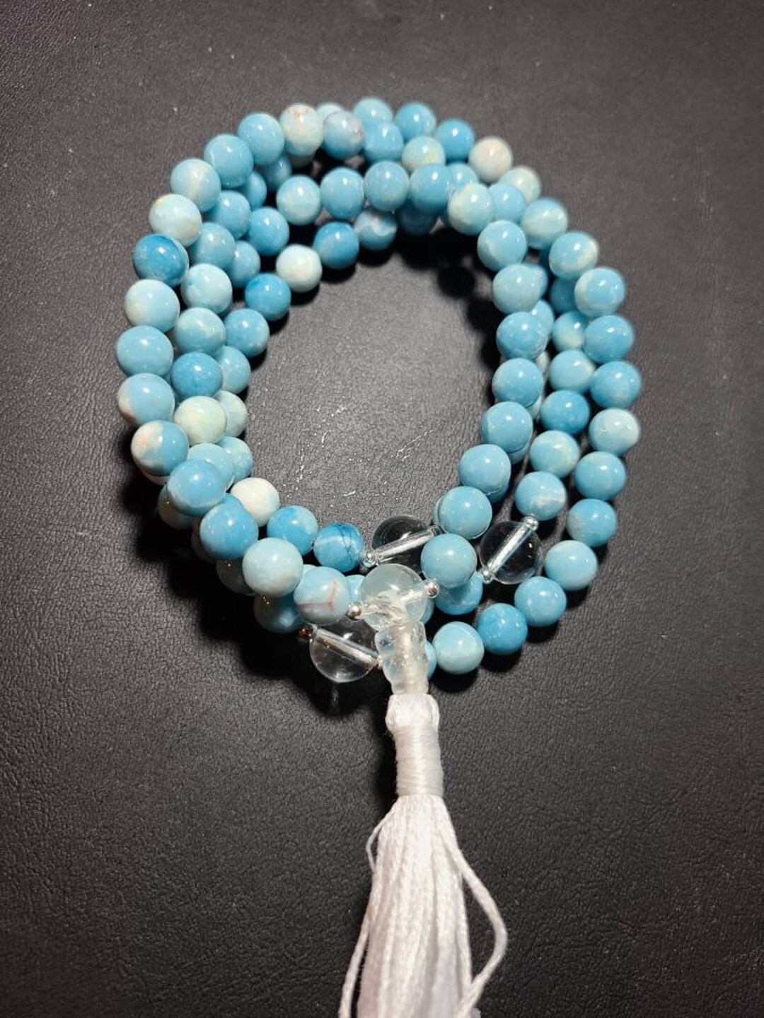 Beautiful Larimar Quartz Mala With Clear Quartz Markers and Guru Bead ...