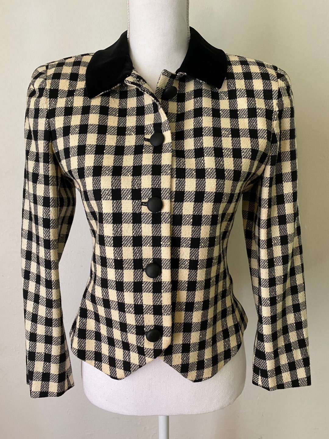 Vintage Christian Dior Plaid Blazer 90s Black Cream Velvet Tweed