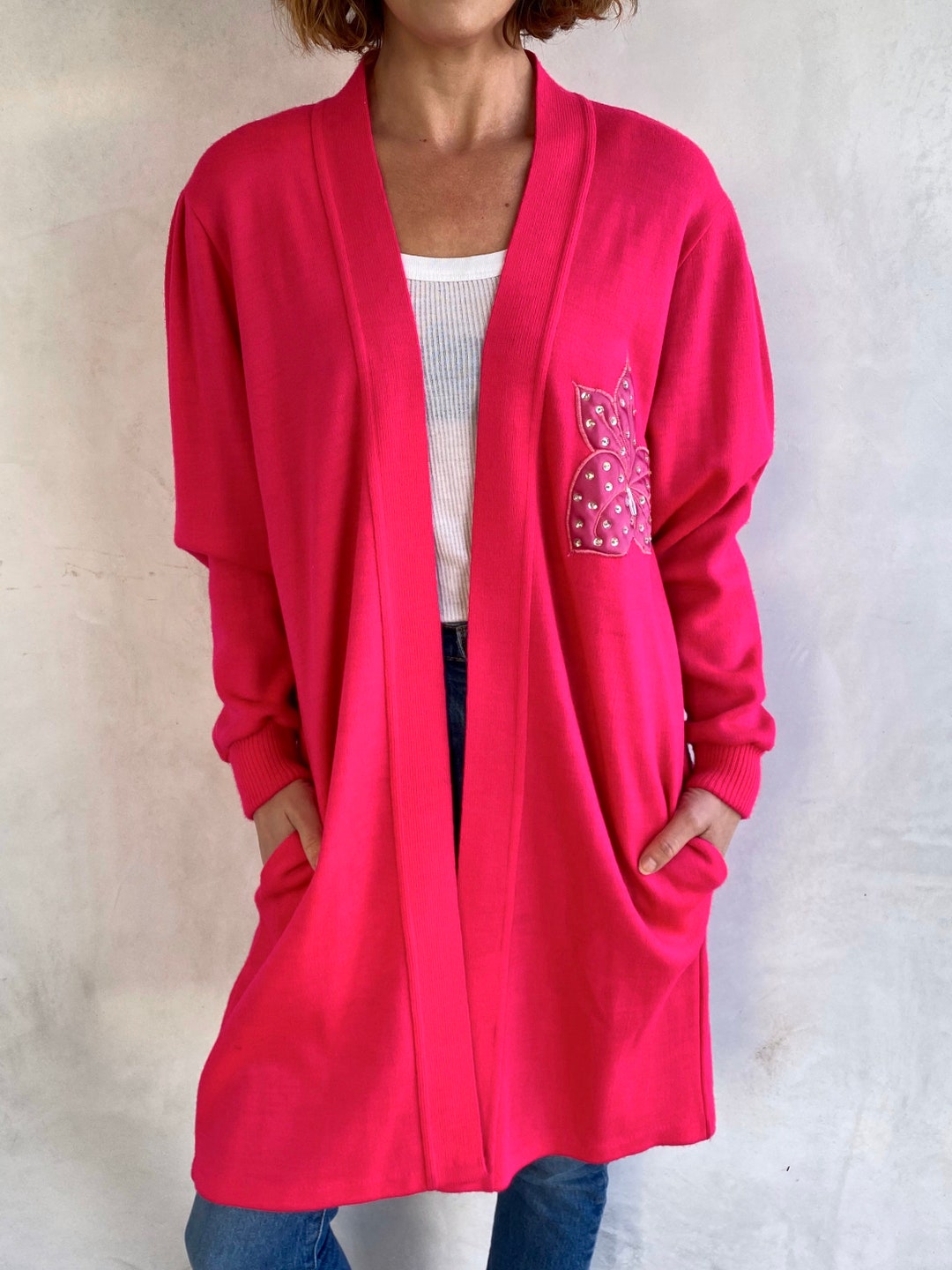 80s Vintage Fuchsia Pink Sequin Flower Cardigan - Small - Large - Etsy