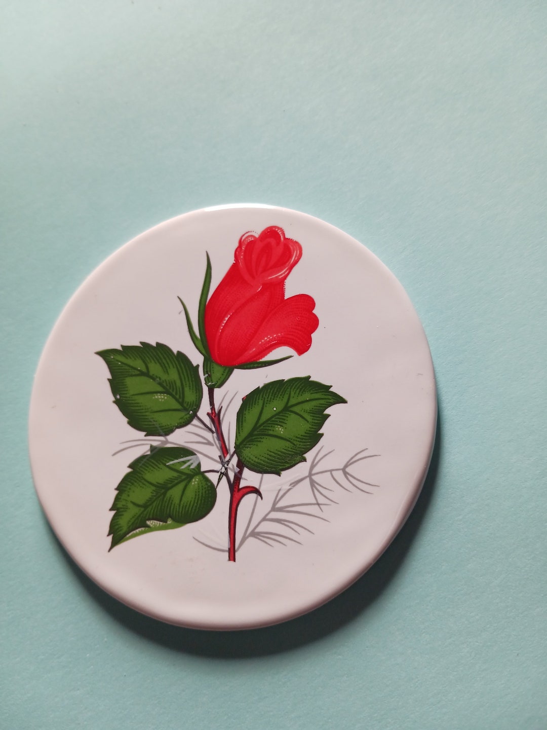 Red Rose With Stem and Leaves. White Background Ceramic Fridge Magnet ...