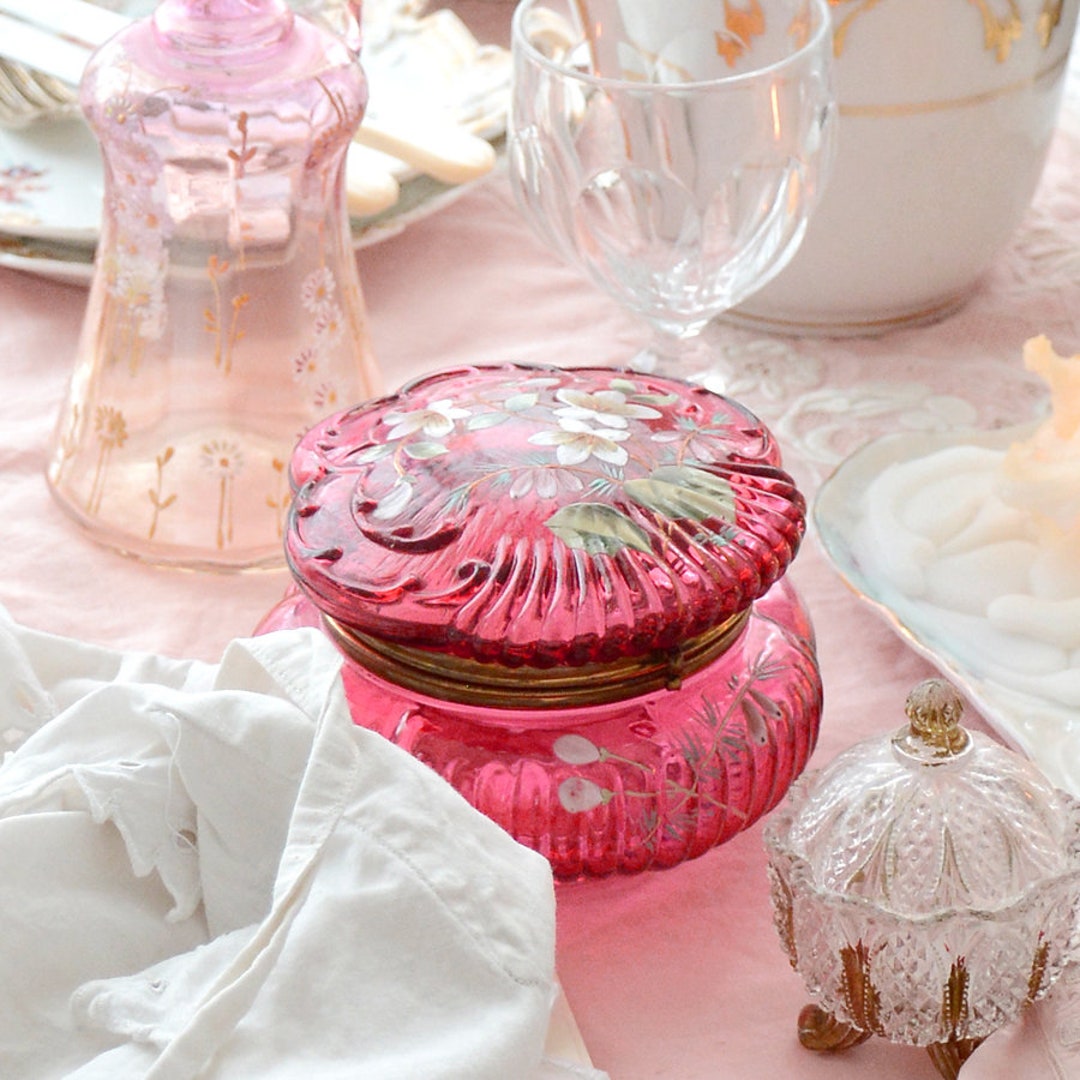 Antique Hand Painted Glass Trinket Box - Etsy