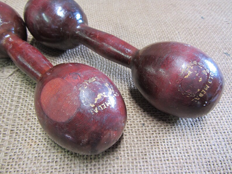 Vintage Gold Metal Hardwood Dumbbell Weight Set (2 Dumbbells) > Antique ...