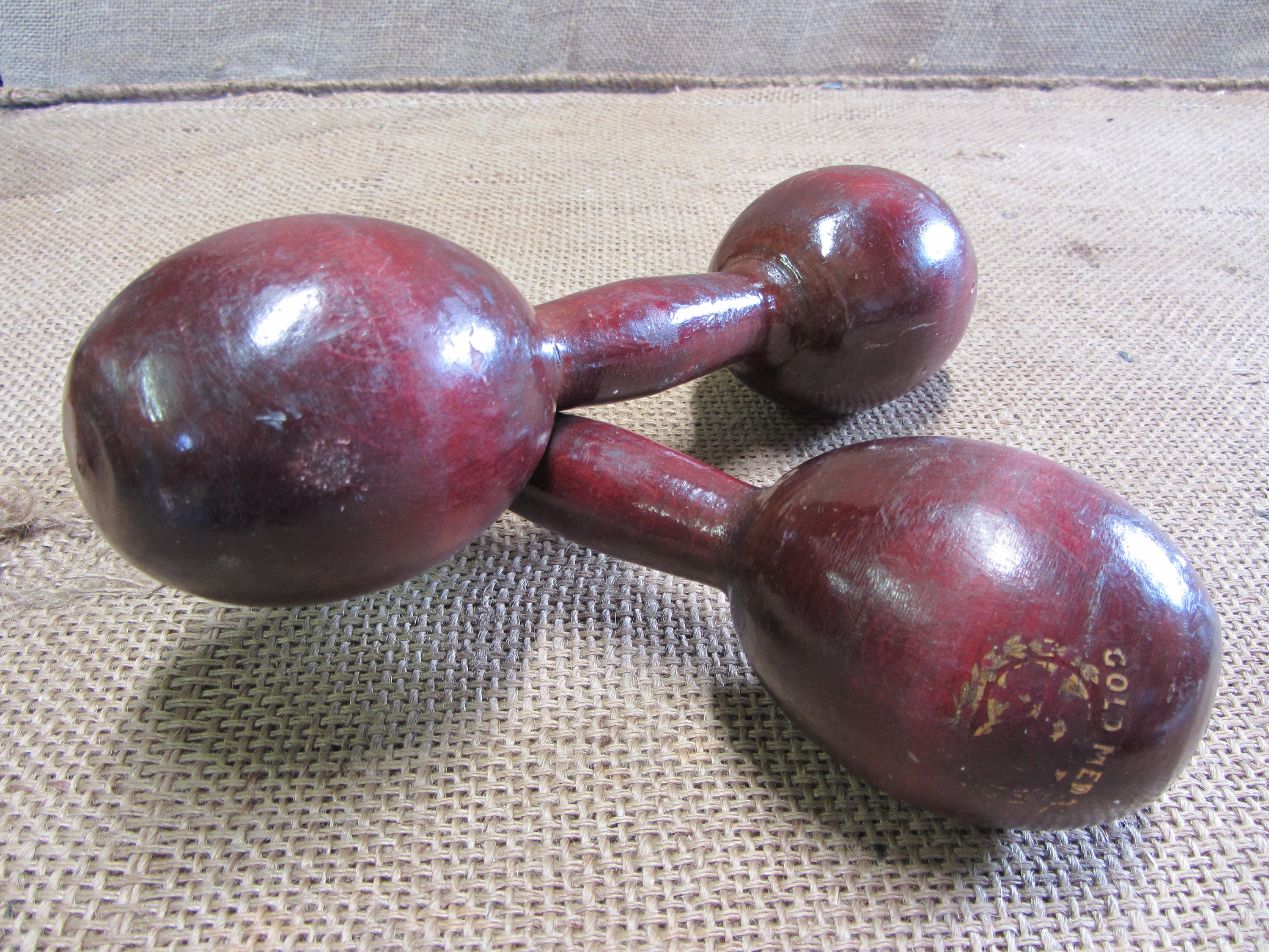 Vintage Gold Metal Hardwood Dumbbell Weight Set (2 Dumbbells) > Antique ...