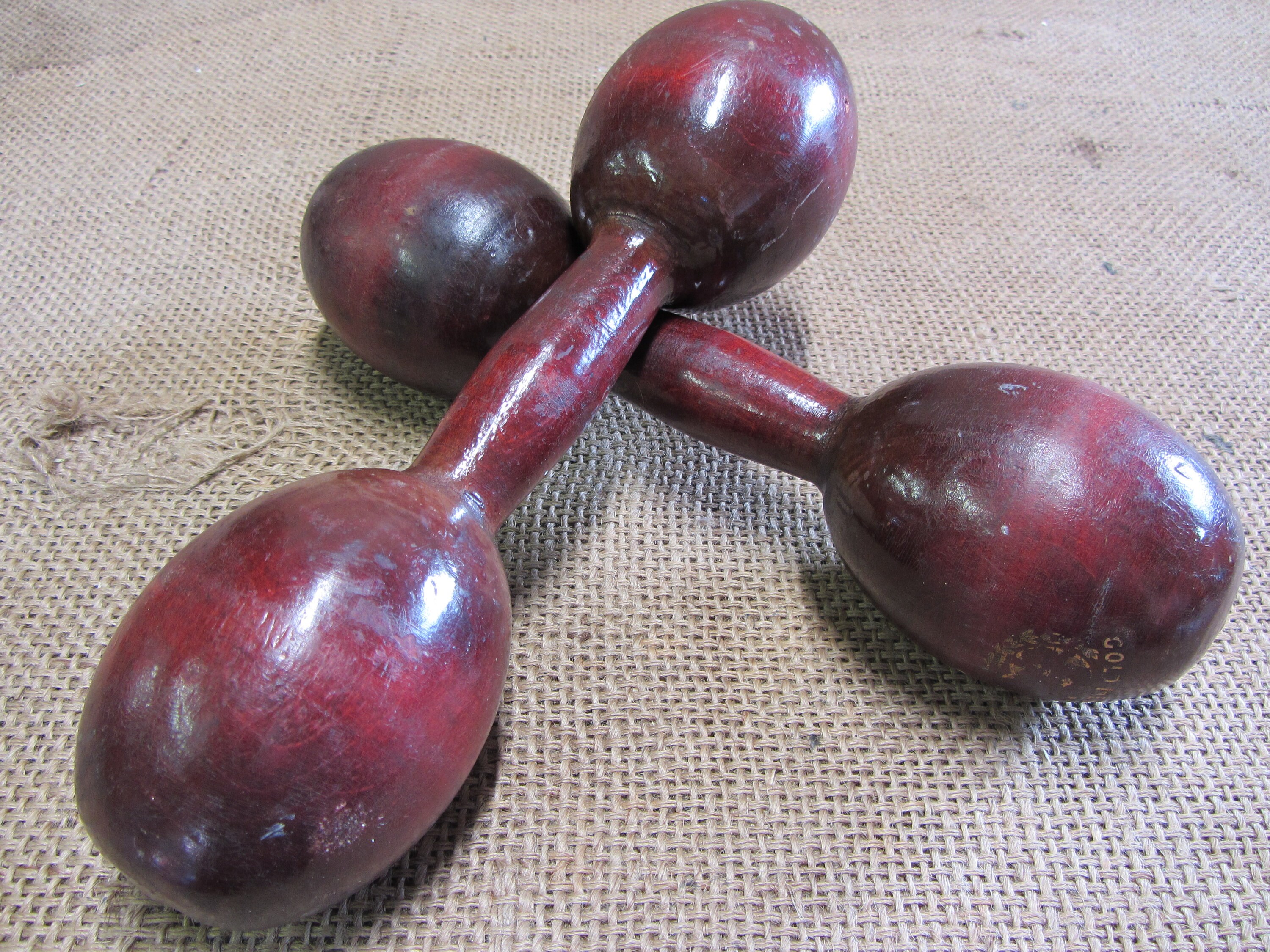 Vintage Gold Metal Hardwood Dumbbell Weight Set (2 Dumbbells) > Antique ...