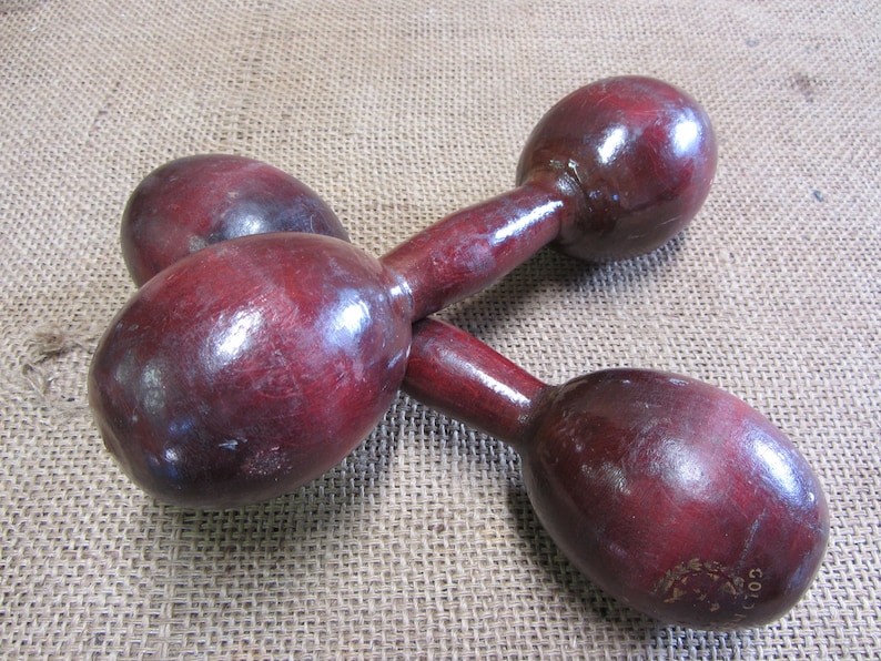 Vintage Gold Metal Hardwood Dumbbell Weight Set (2 Dumbbells) > Antique ...