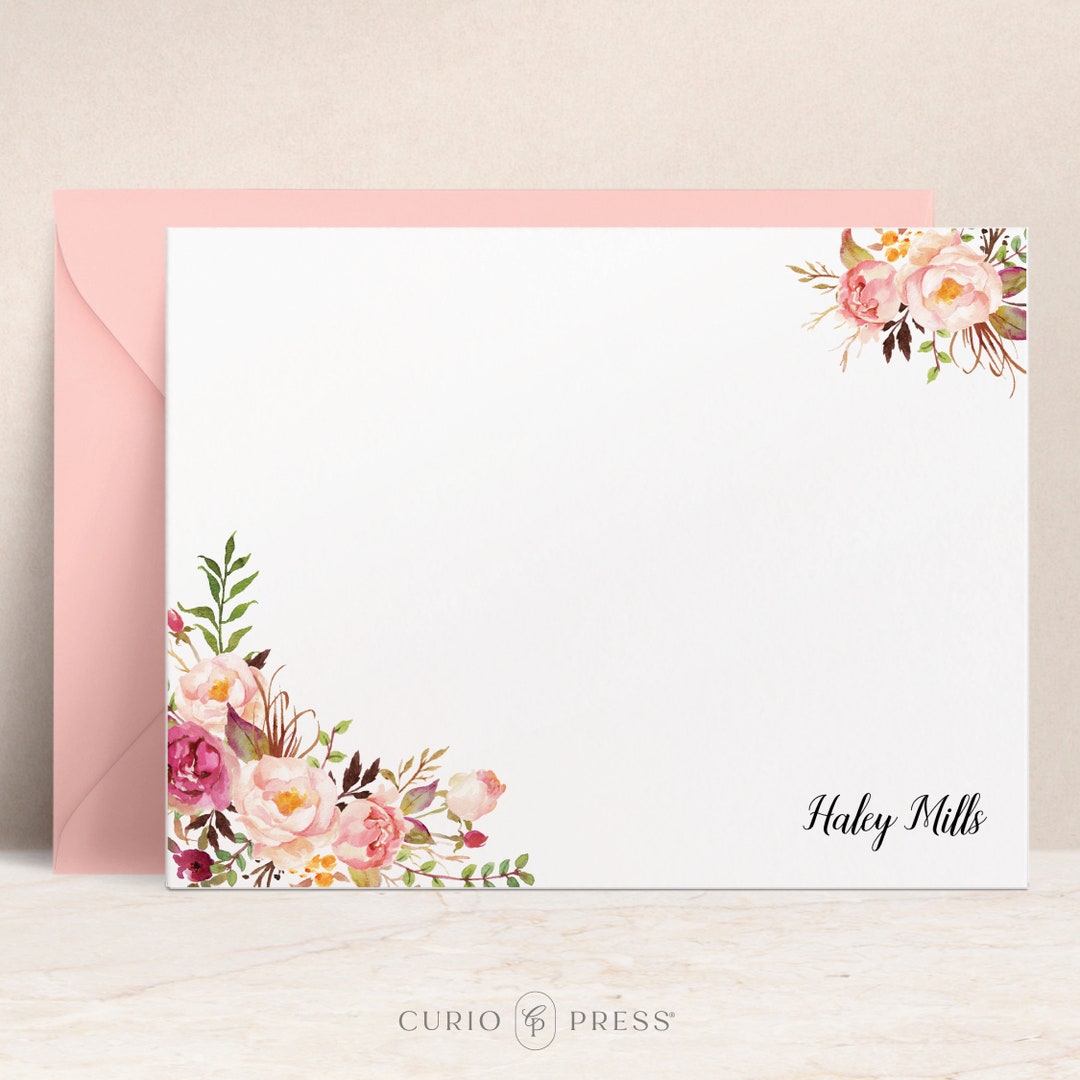Personalized Floral Note Cards With Envelopes | Watercolor Rose Peony ...