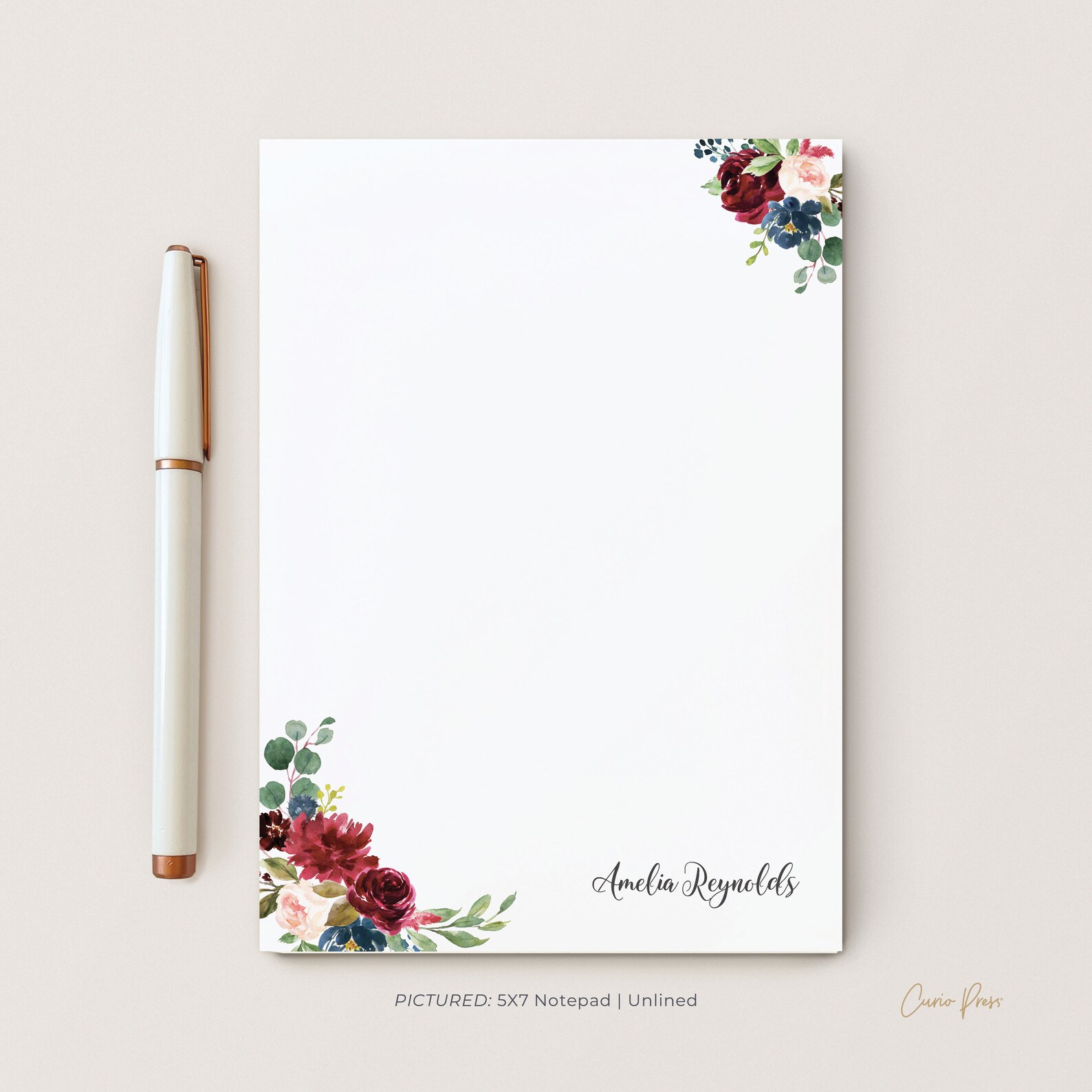 Personalized Burgundy and Navy Flower Note Pad BURGUNDY - Etsy