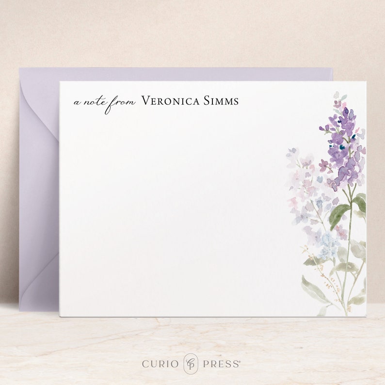 Personalized Lilac Note Cards With Envelopes | Purple Watercolor Floral ...