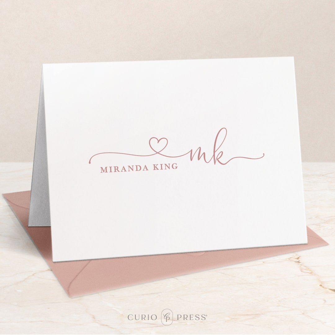 Personalized Monogram Heart Note Cards With and Envelopes | Custom Flat ...