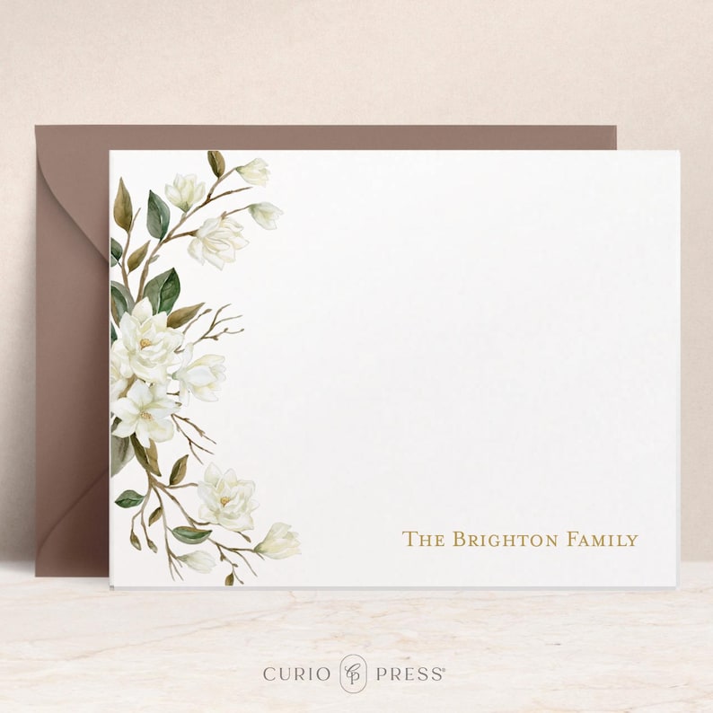 Personalized Floral Stationery, Custom Name Note Cards, Magnolia Flower ...