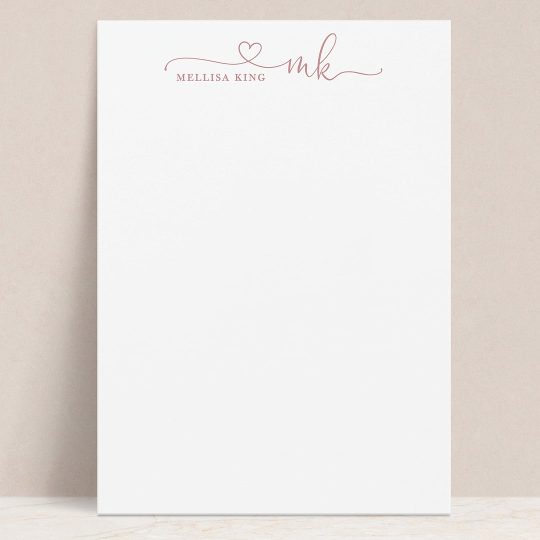 Personalized Monogram Notepad With Initials & Heart, Custom Stationery ...