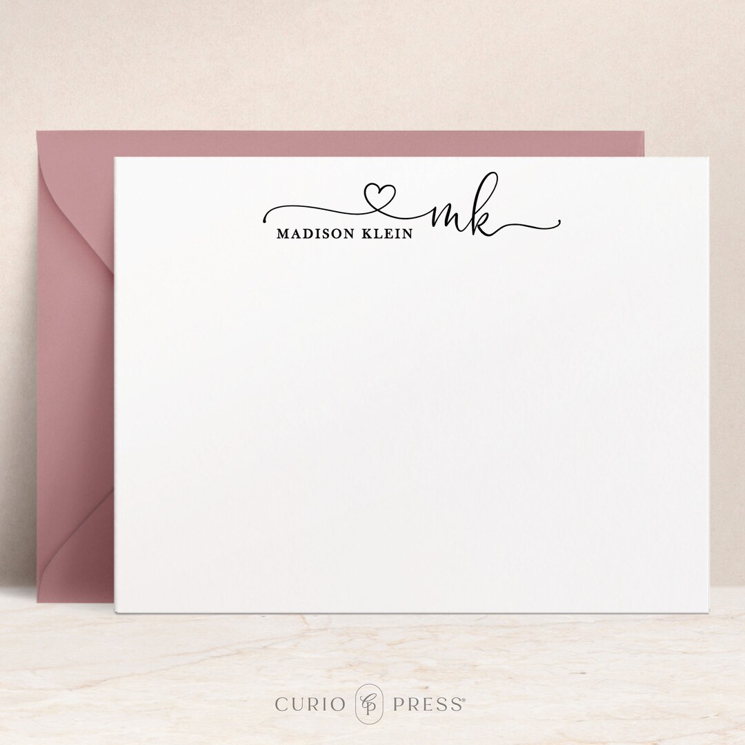 Personalized Note Card Set W/ 2 Letter Monogram & Full Name, Stationery ...