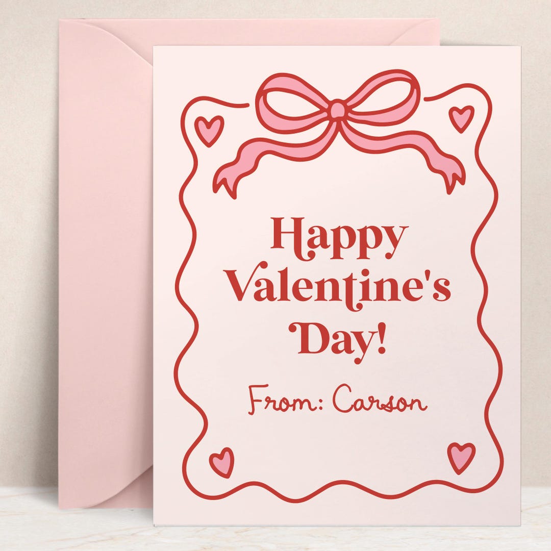 Personalized Coquette Pink Bow Kids Valentines, Wavy Hearts Girls Class ...